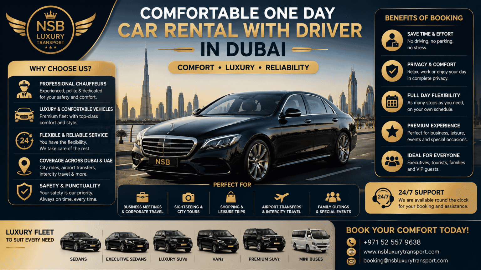 Comfortable One Day Car Rental with Driver in Dubai Nsb luxury