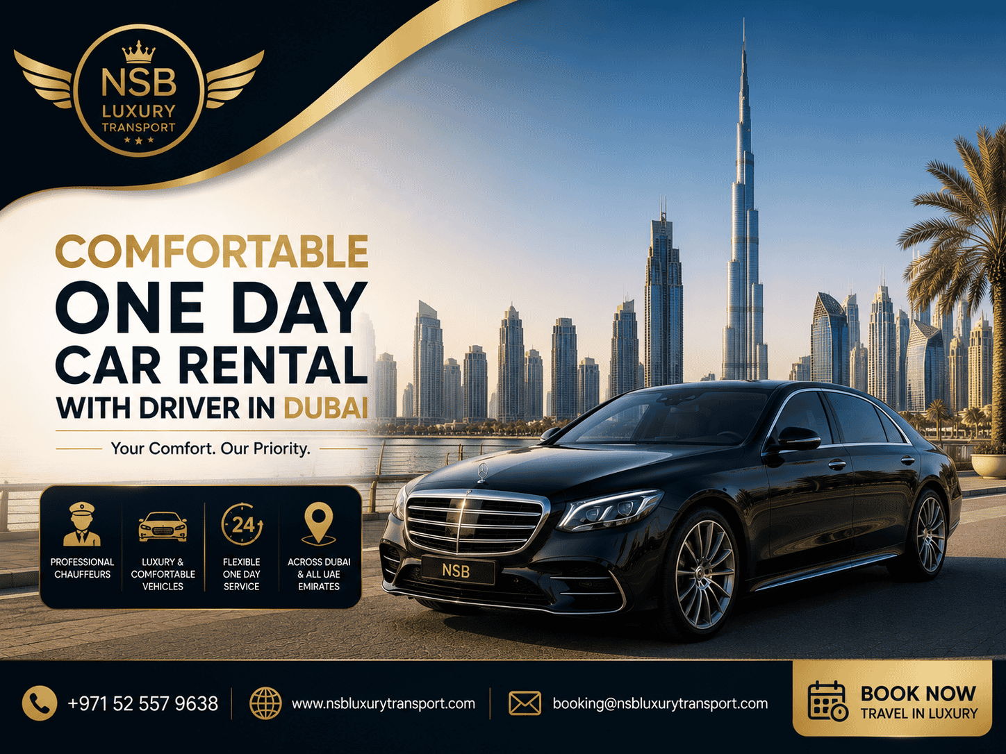 Comfortable One Day Car Rental with Driver in Dubai Nsb luxury